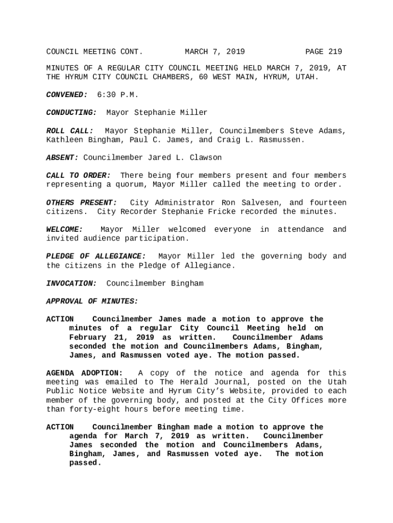 ROLL CALL:Mayor Stephanie Miller, Councilmembers Steve Adams, Kathleen Bingham, Paul C Doc ...
