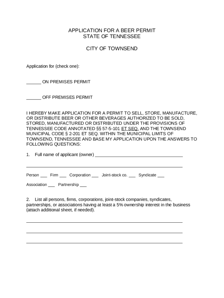 Townsend Beer Permit Application Doc Template | pdfFiller