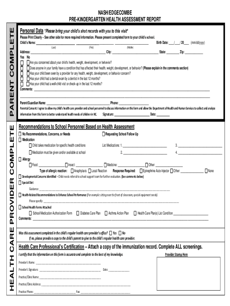 Fillable Online nash/edgecombe pre-kindergarten health assessment ...
