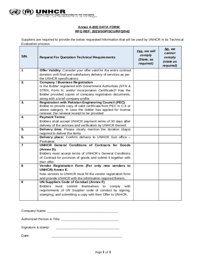 Annex A Bid Data Doc Template | pdfFiller
