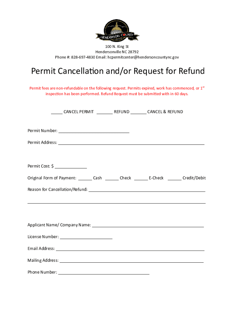 Fillable Online Permit Cancella on and/or Request for Refund Fax Email Print - pdfFiller
