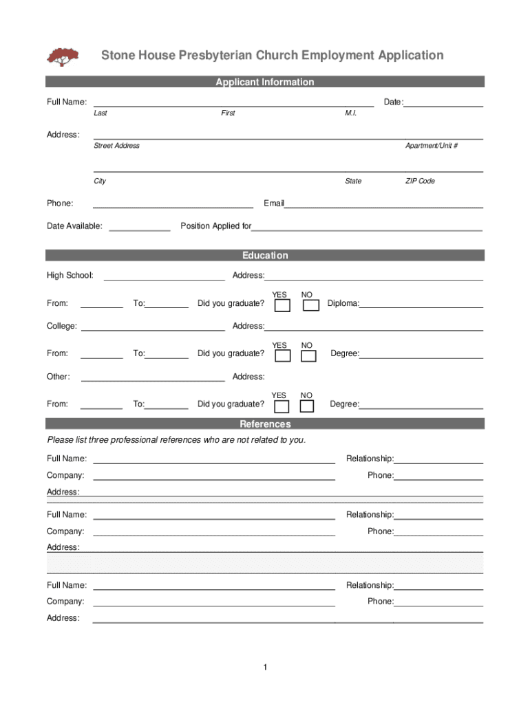 Fillable Online Stone House Presbyterian Church Employment Application ...