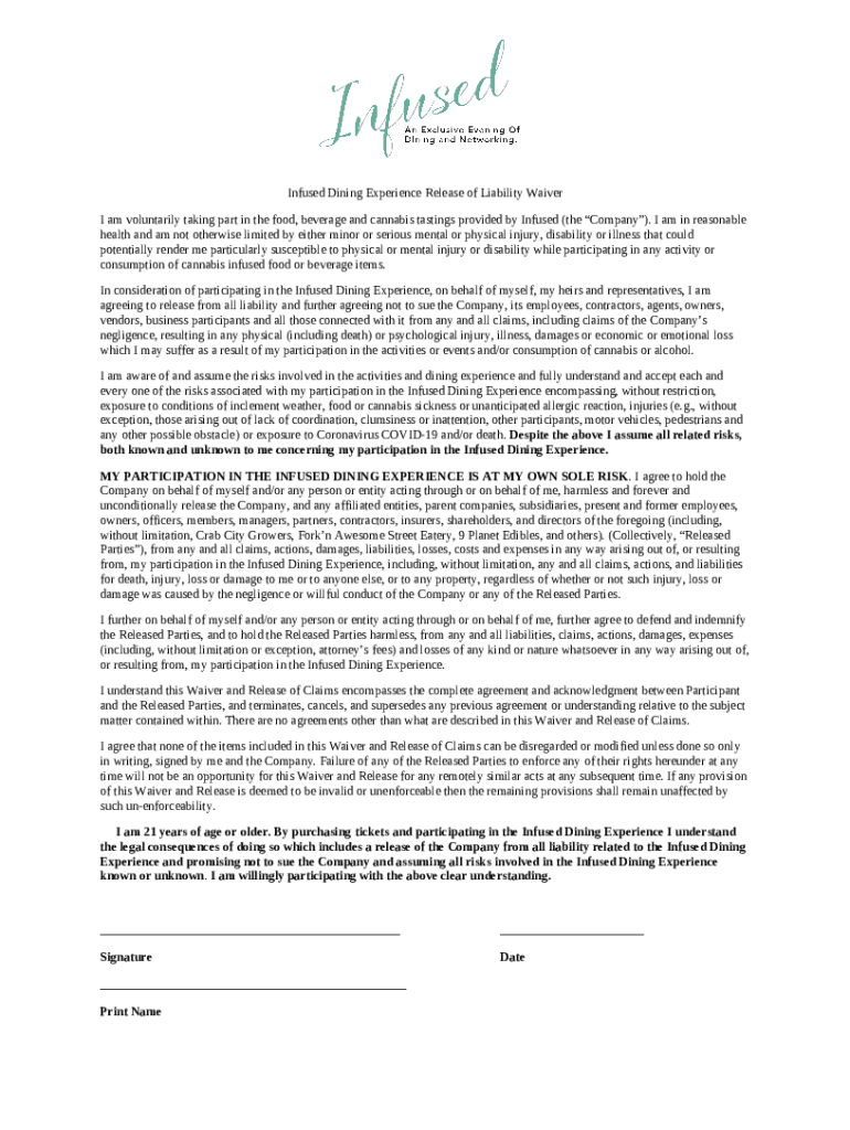waiver of liability - Infused Private Dining Club Doc Template | pdfFiller