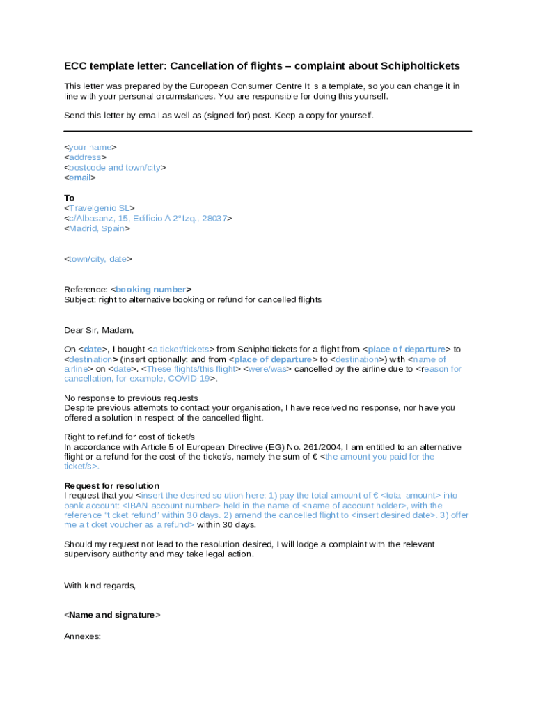 Template letter ECC: flight cancelled - compensation claim Doc Template ...