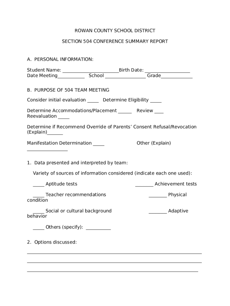Section 504 Student Accommodation Doc Template | pdfFiller