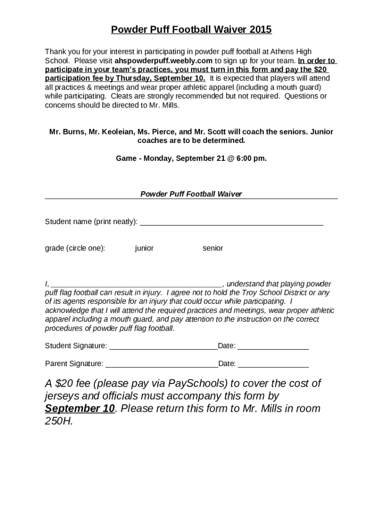 Powder Puff Football & Waiver Doc Template | pdfFiller