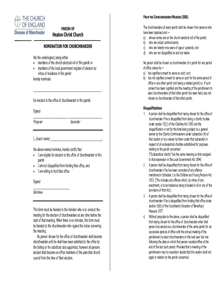 Fillable Online Nomination Form for Churchwarden Fax Email Print - pdfFiller