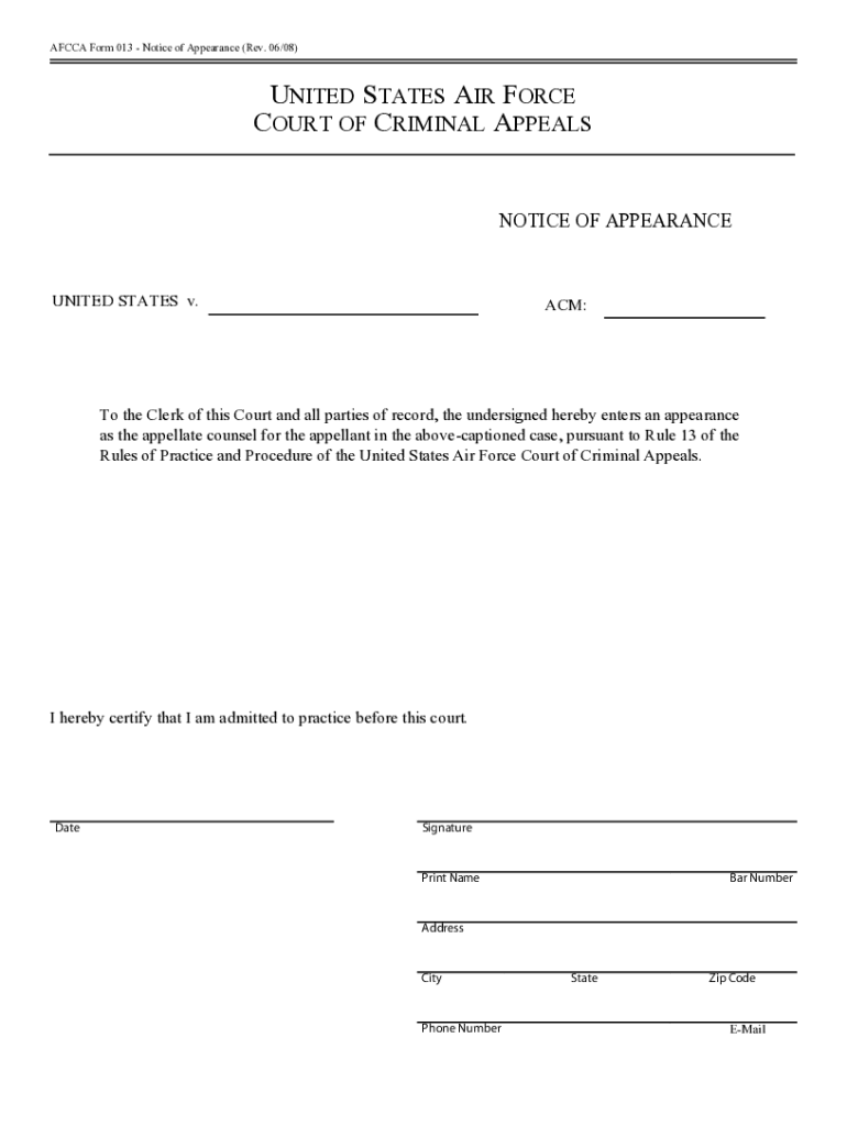 Fillable Online afcca law af AFCCA Form 013 - Notice of Appearance ...