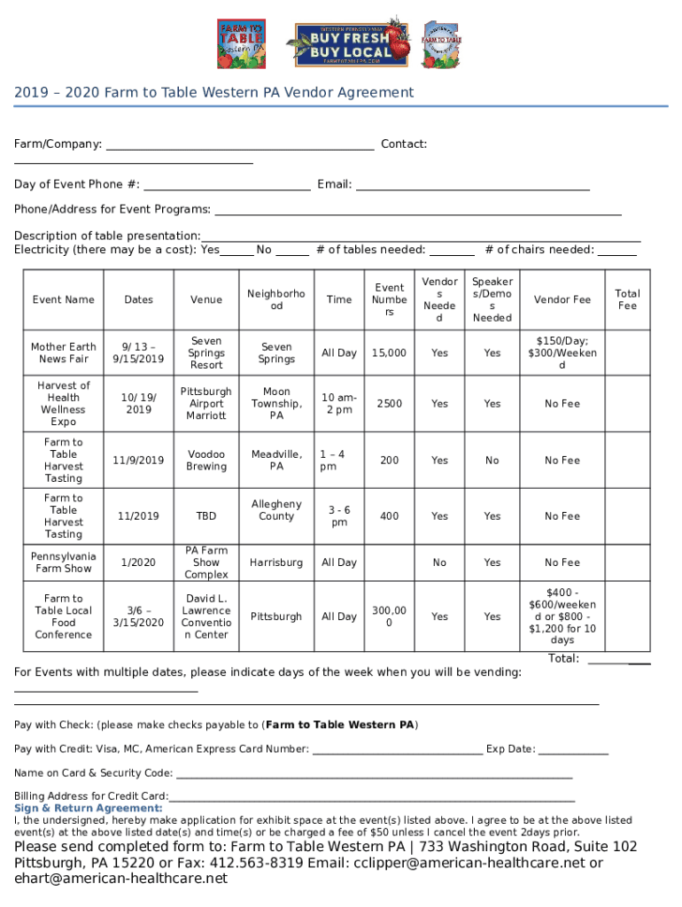2019 2020 Farm to Table Western PA Vendor Agreement Doc Template ...