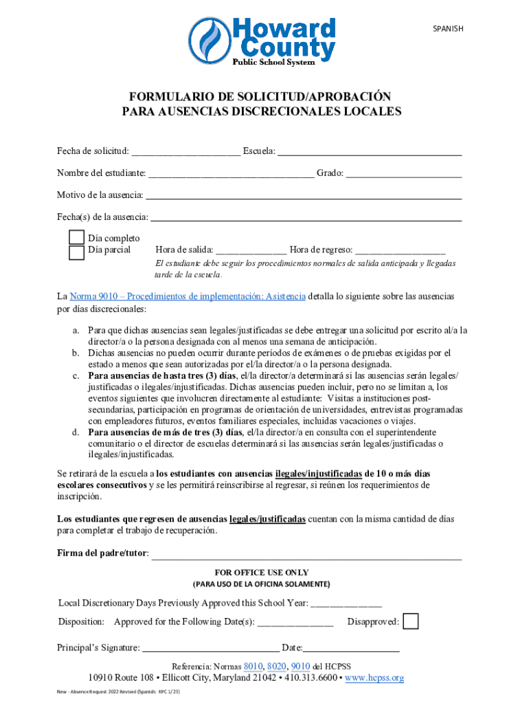 Completable En línea Local Disccretionary Absence Request Form (Spanish ...