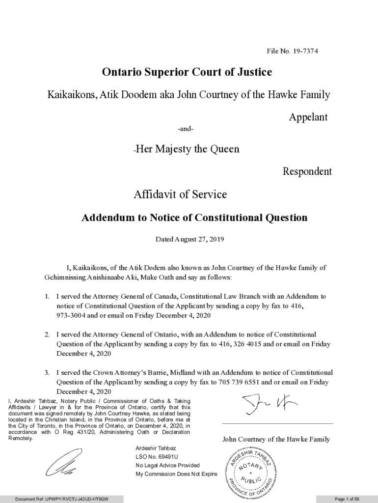 Fillable Online Ontario Superior Court of Justice Affidavit of Service ...