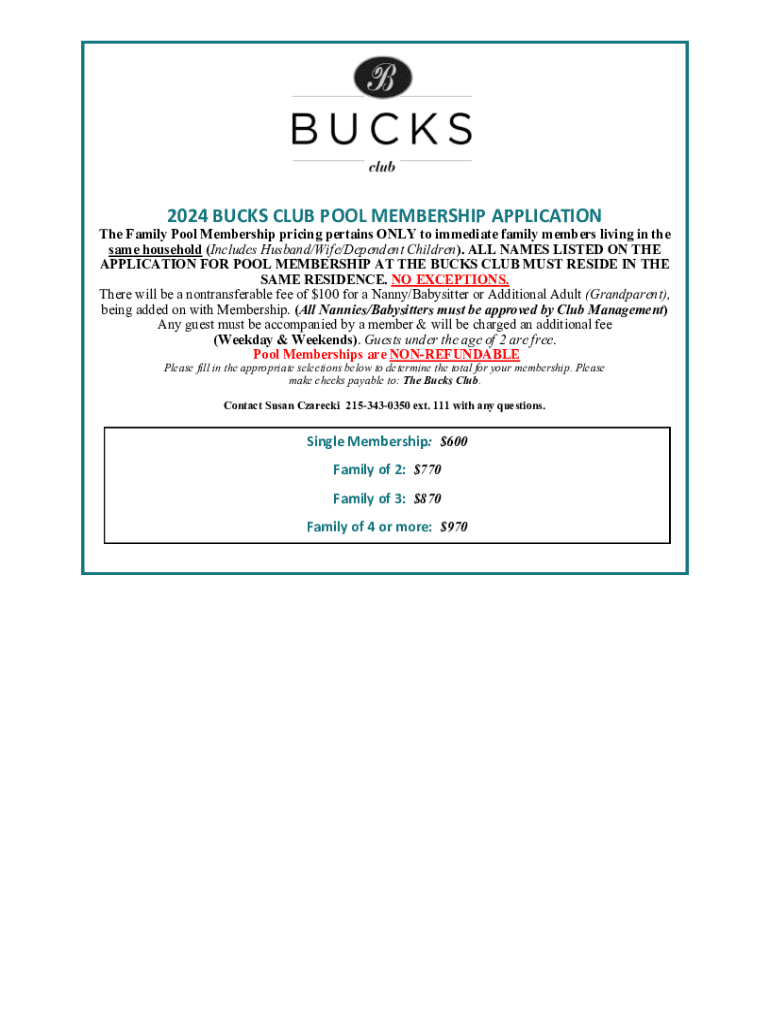 Fillable Online Swimming PoolThe Bucks Club Fax Email Print - pdfFiller
