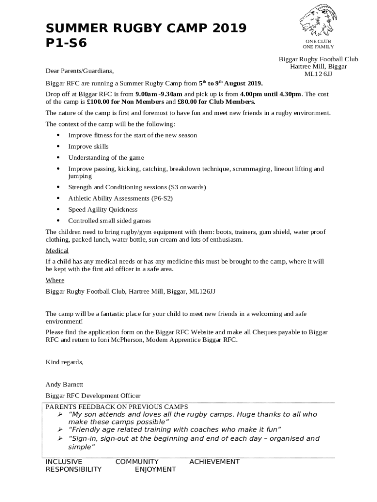 Biggar RFC are running a Summer Rugby Camp from 5th to 9th August 2019 ...