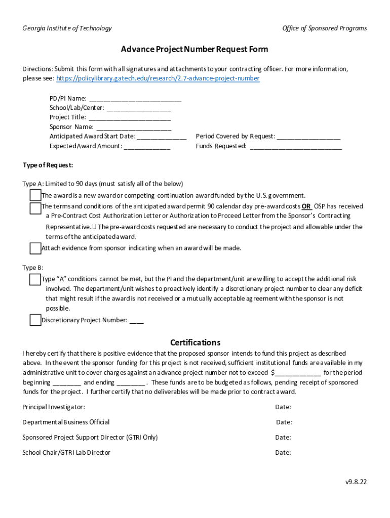 Fillable Online Advance Project Number Request Form Certifications Fax Email Print - pdfFiller
