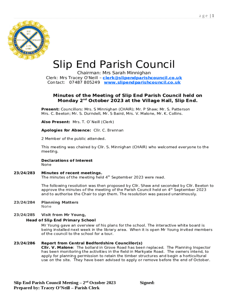Town and parish councils - Slip End Parish Council Doc Template | pdfFiller