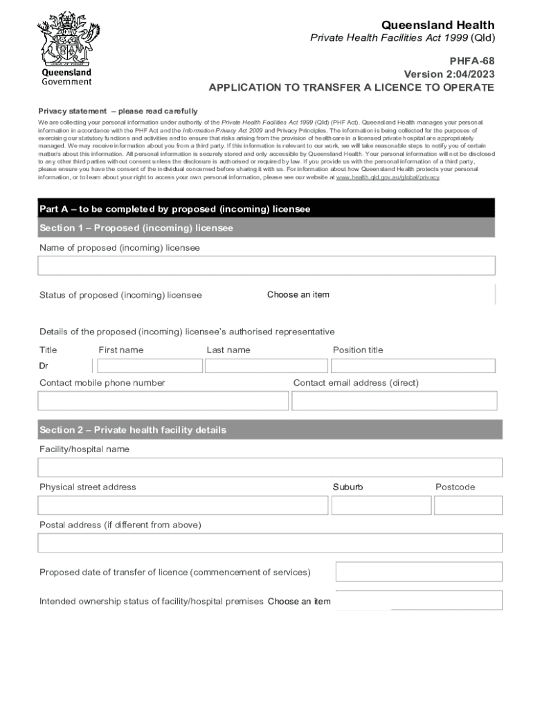 Fillable Online Application to transfer a licence to operate. PHFA-68 ...