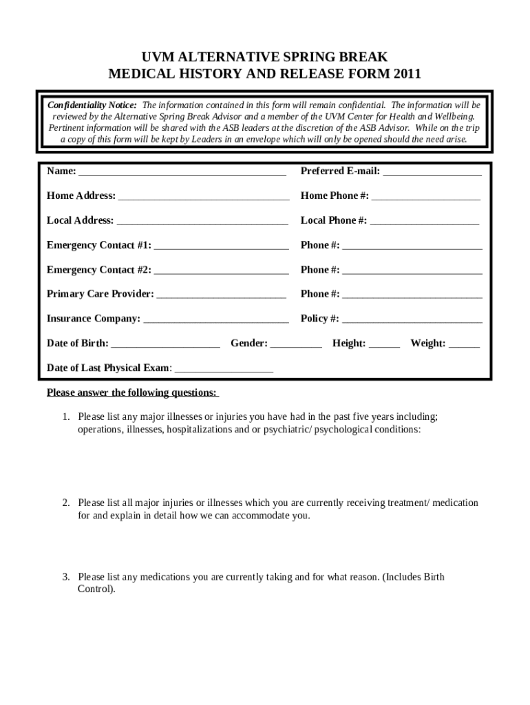 ASB Med .doc - UVM ALTERNATIVE SPRING BREAK ... Doc Template | pdfFiller