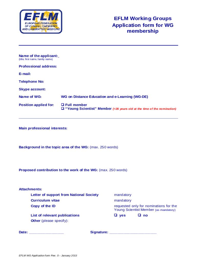 Call for application - EFLM WG-Register Doc Template | pdfFiller
