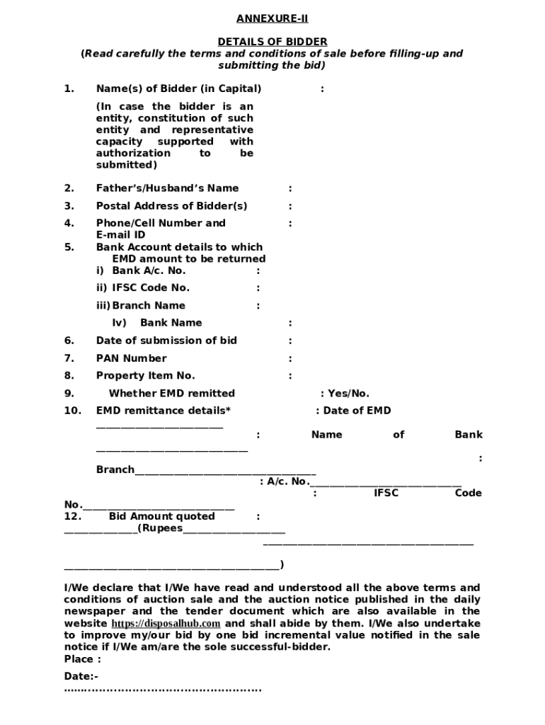 ANNEXURE-II DETAILS OF BIDDERFILL All LETTER IN ... Doc Template | pdfFiller