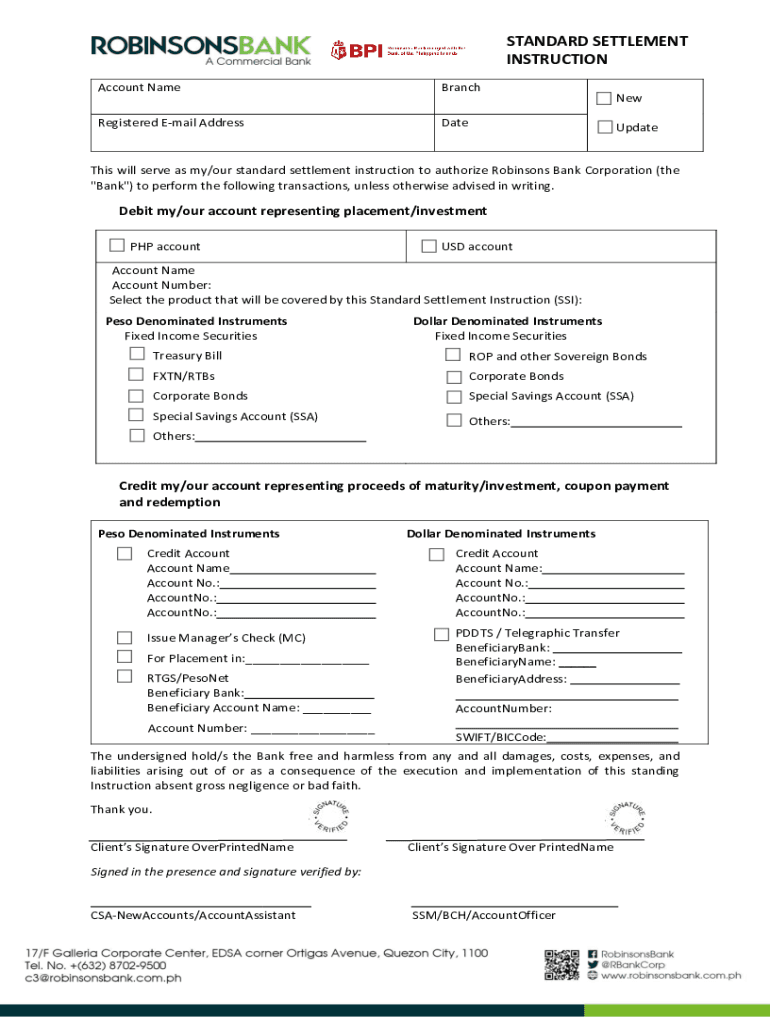 Fillable Online STANDARD SETTLEMENT INSTRUCTION Fax Email Print - pdfFiller