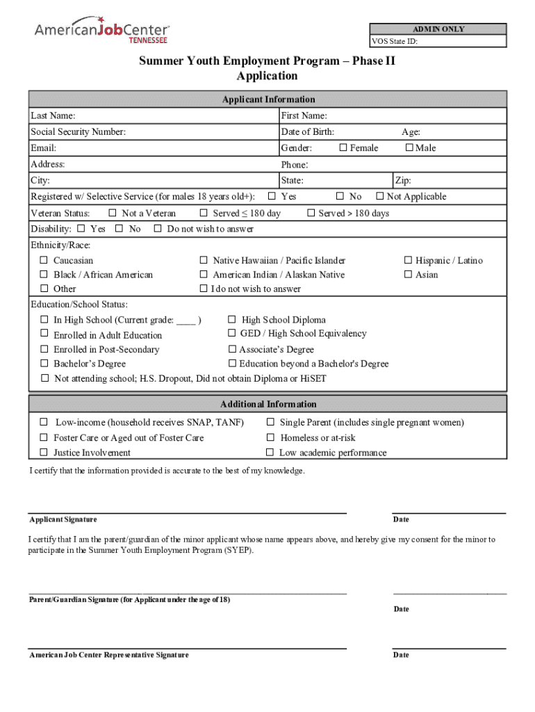 Fillable Online Summer Youth Employment ProgramPhase II Application Fax Email Print - pdfFiller