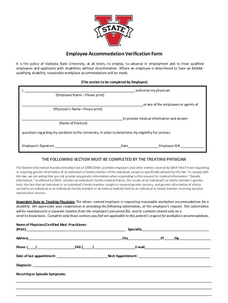 Fillable Online Employee Accommodation Verification Form Fax Email ...