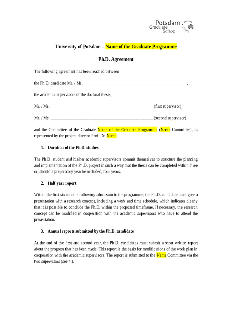 Agreement for Supervision of a doctoral thesis Doc Template | pdfFiller