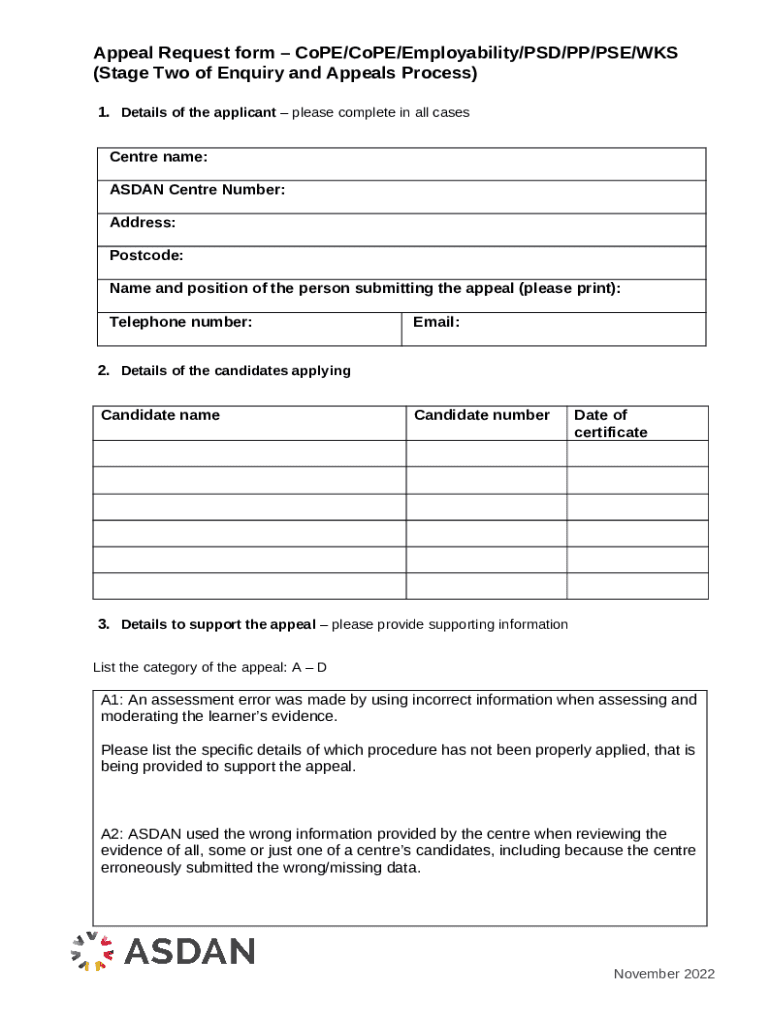 Appeals request for VTQ qualifications stage 2 Doc Template | pdfFiller