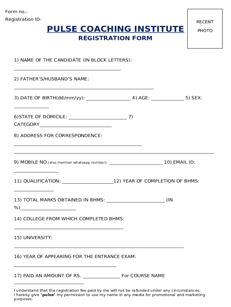 pulse coaching institute registration Doc Template | pdfFiller