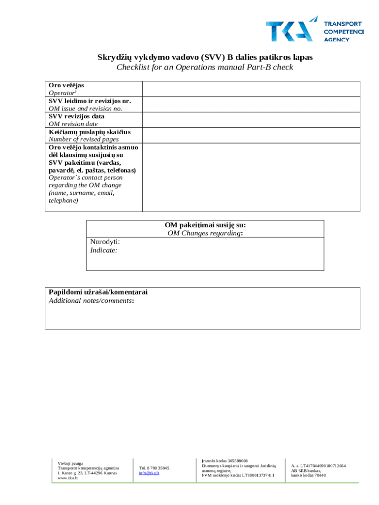 Skrydi vykdymo vadovo (SVV) B dalies patikros lapas ... Doc Template | pdfFiller