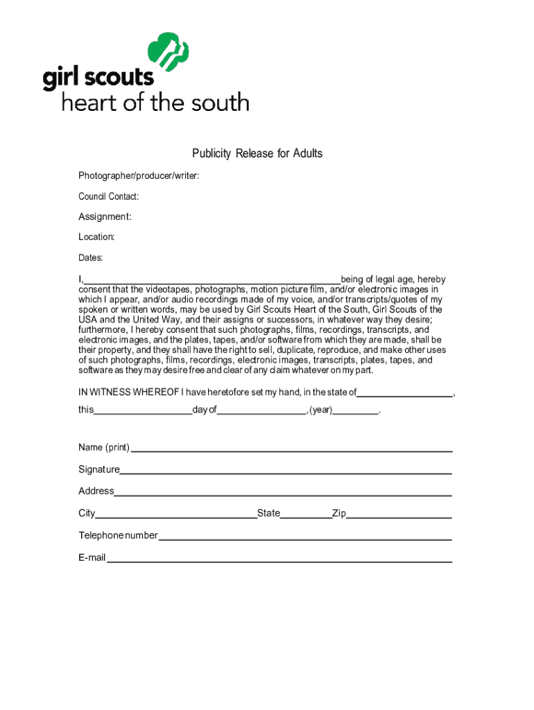 Fillable Online Publicity Release Form (Adult). Grants permission for ...