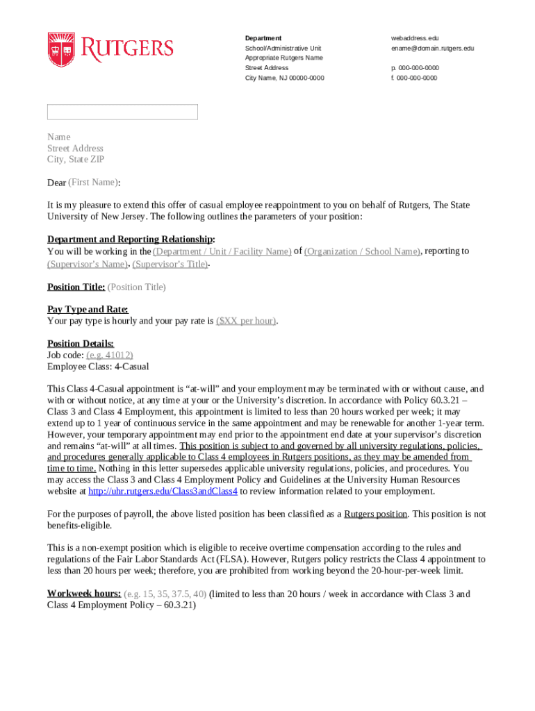HR Staff Offer Letter Templates - ohr rutgers Doc Template | pdfFiller