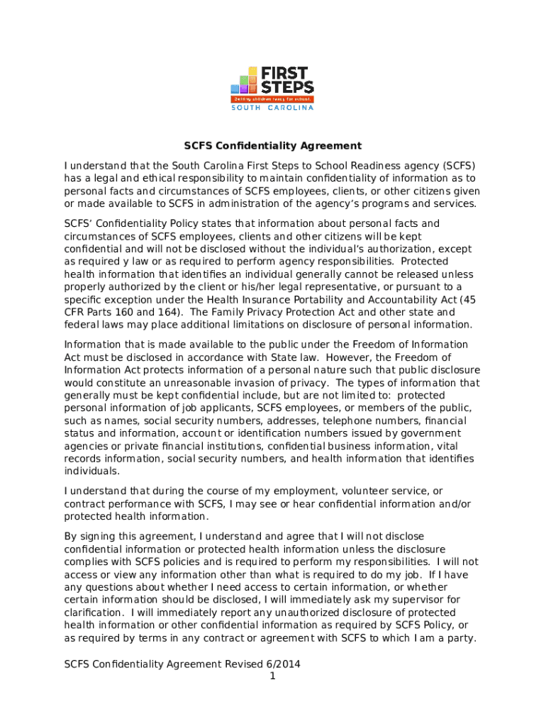 SCFS Confidentiality Agreement Doc Template | pdfFiller