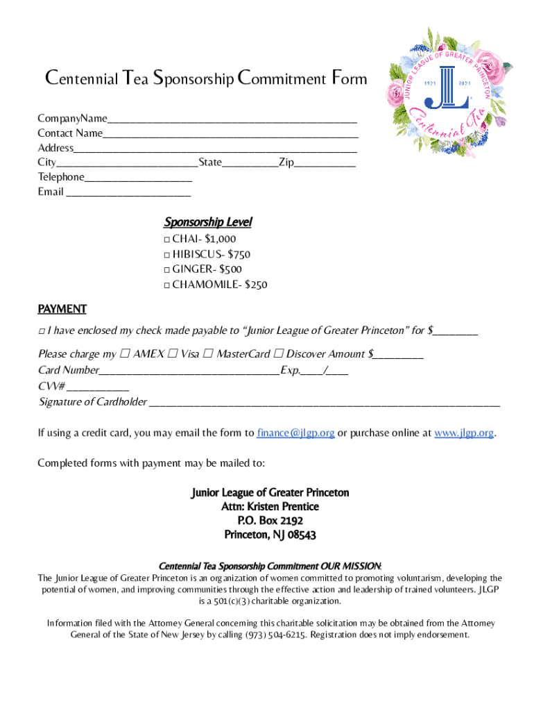 Fillable Online Centennial Tea Sponsorship Commitment Form Fax Email Print - pdfFiller