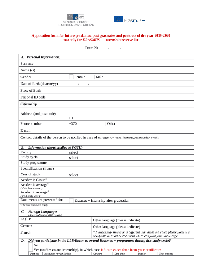 Finding and applying for an internship with Erasmus Plus ... Doc Template | pdfFiller