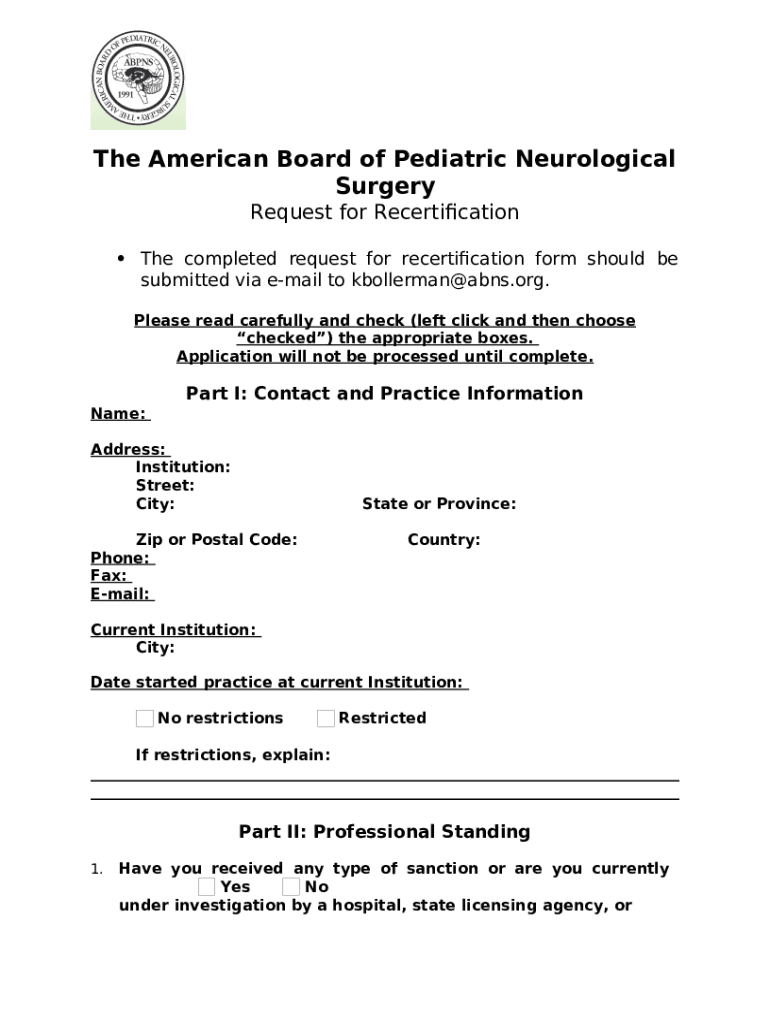 ABPNS Request for Recertification. Doc Template | pdfFiller