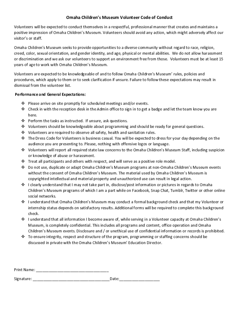 Fillable Online Omaha Children's Museum Volunteer Code of Conduct Fax ...