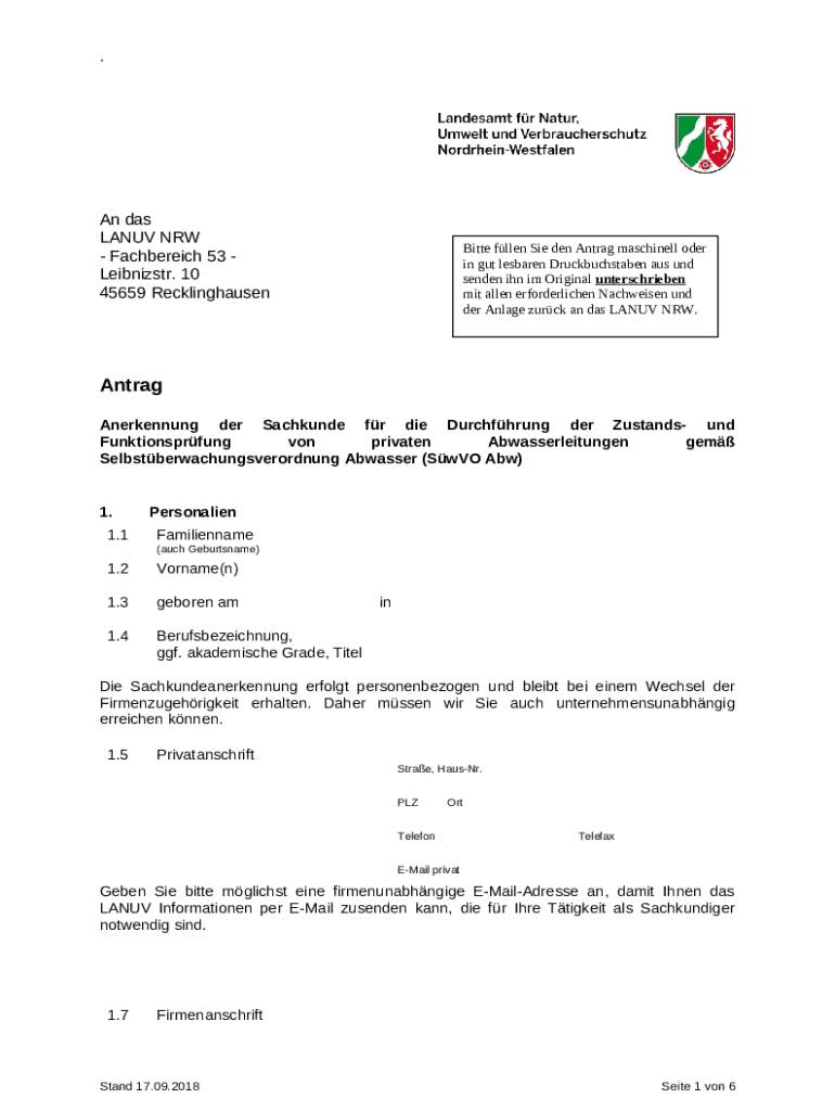 Antrag auf Anerkennung der Sachkunde - LANUV - Land.NRW Doc Template | pdfFiller
