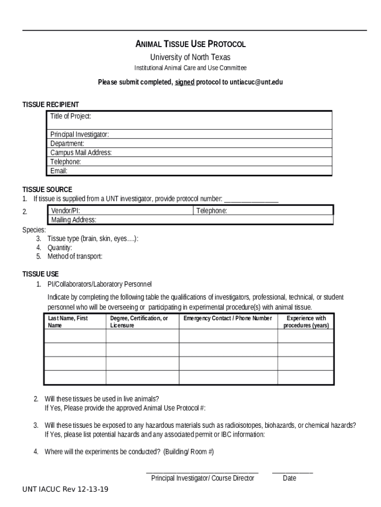 Title: Animal Tissue Protocol Submission - UNT Research - research unt Doc Template | pdfFiller