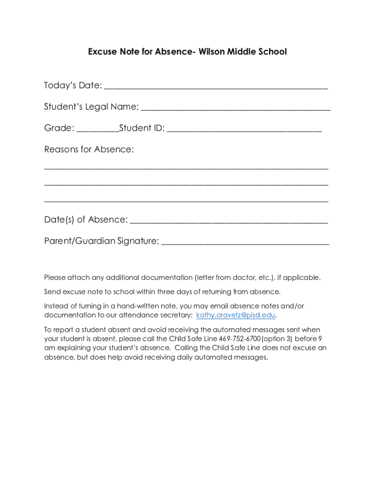 Fillable Online Absence Excuse Note Form - English Fax Email Print ...