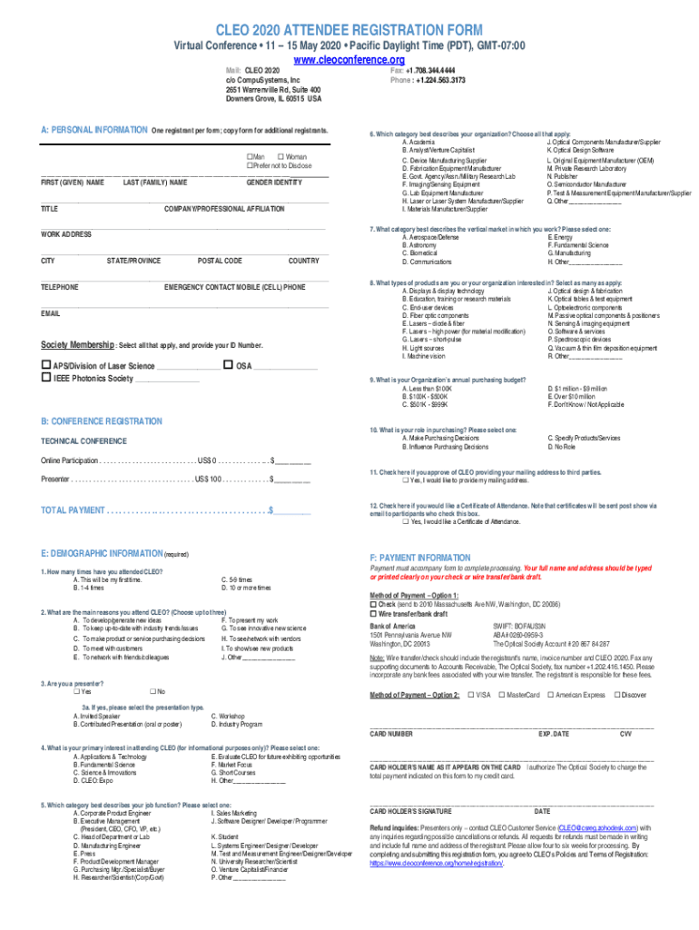 Fillable Online cleo 2020 attendee registration form Fax Email Print ...