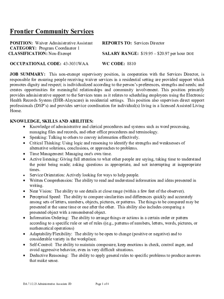 Fillable Online Frontier Bonding Service Administrative Assistant ...