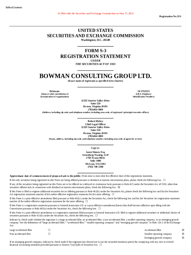 Bowman Consulting Group Ltd. S-3 Filed 2023-11-29 Doc Template | pdfFiller