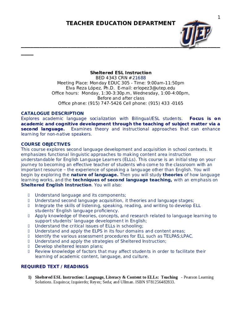 Sheltered ESL Instruction Doc Template | pdfFiller