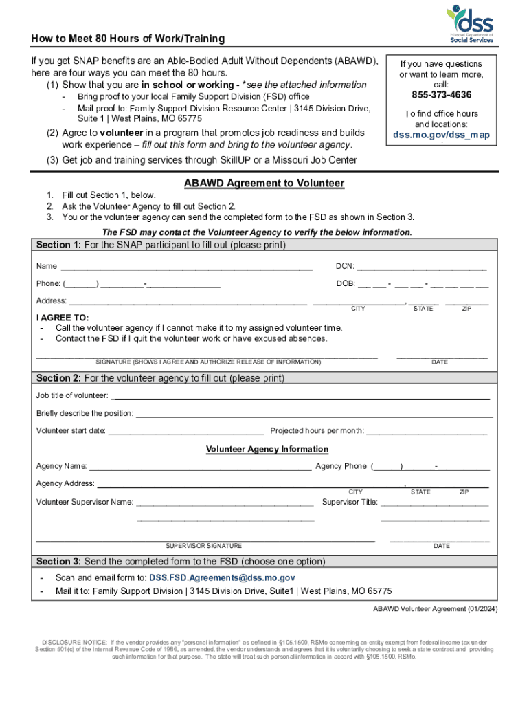 Fillable Online dss mo ABAWD Agreement to Volunteer Fax Email Print ...