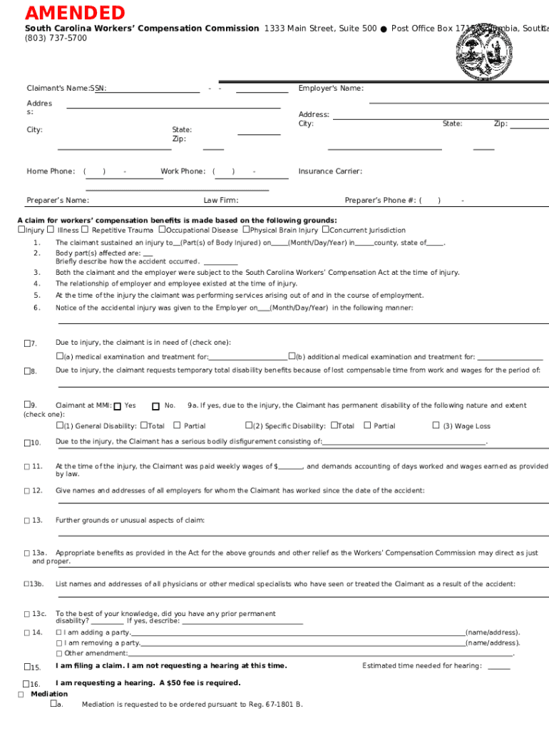 Employees Notice Of Claim And Or Request For Hearing 50 - wcc sc Doc Template | pdfFiller