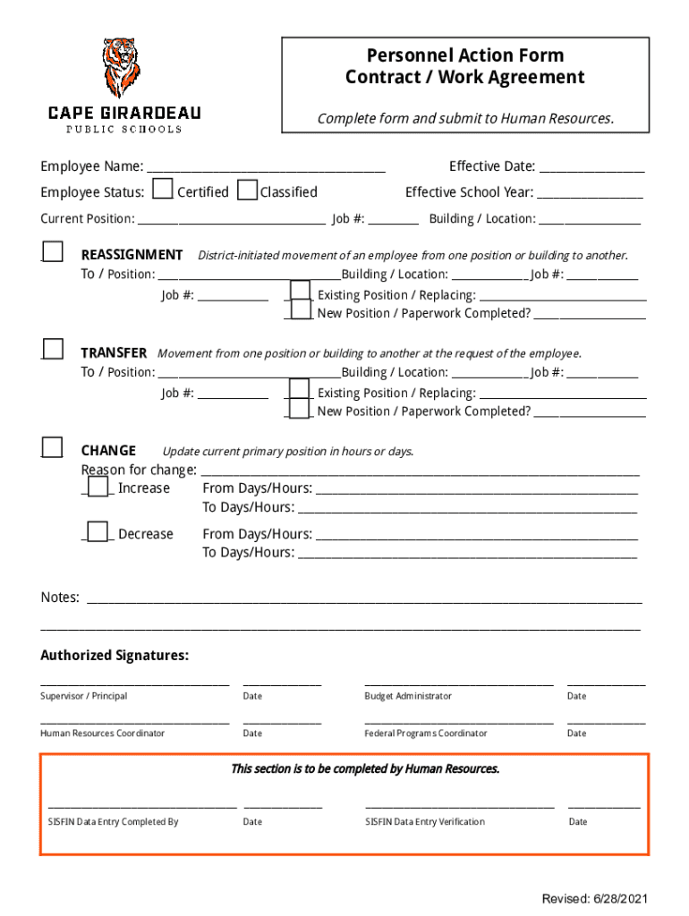 Fillable Online Personnel Action Form - Contract / Work Agreement Fax Email Print - pdfFiller