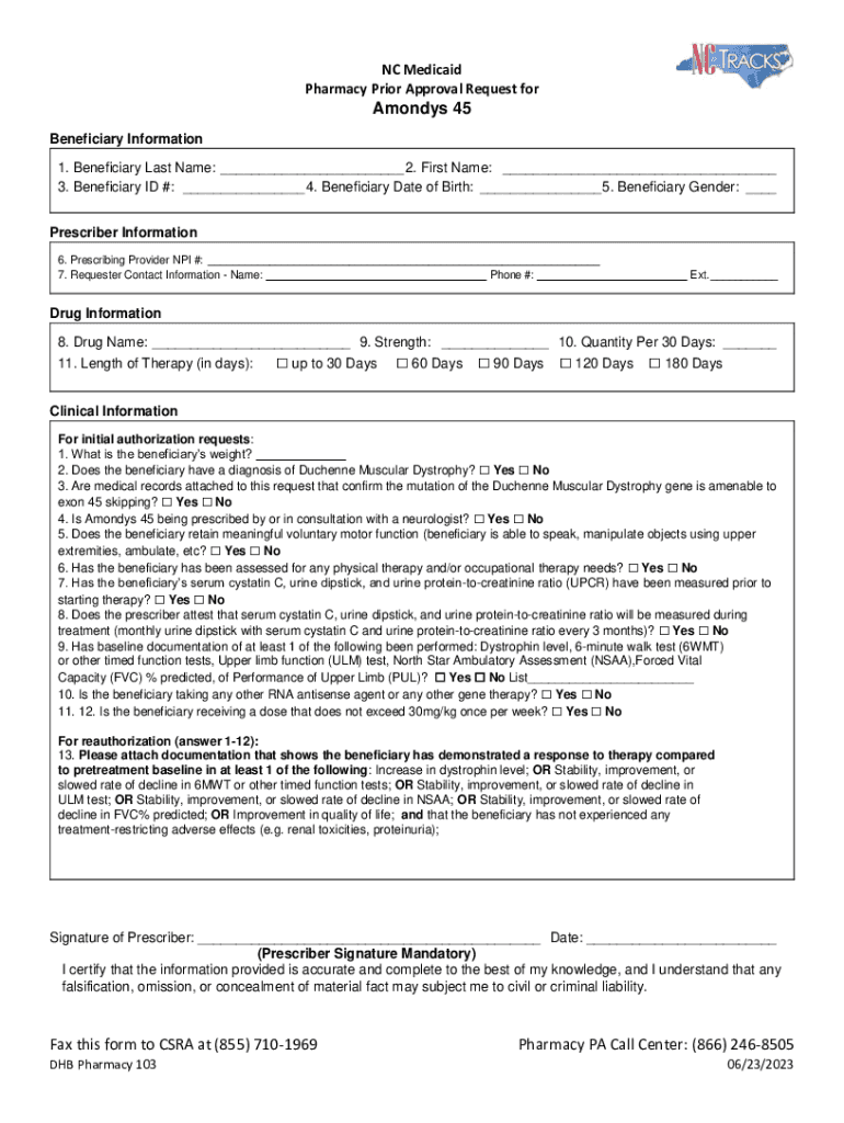 Fillable Online Amondys 45 (North Carolina) Prior Authorization Form ...
