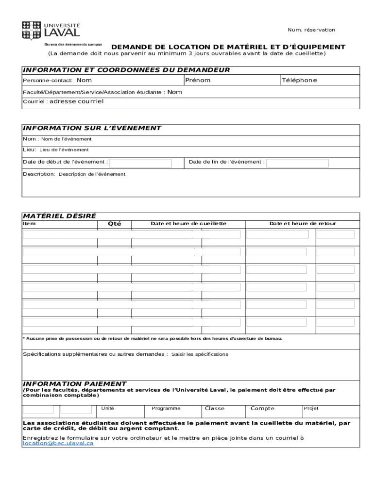 DEMANDE DE LOCATION DE MATRIEL ET D' ... Doc Template | pdfFiller