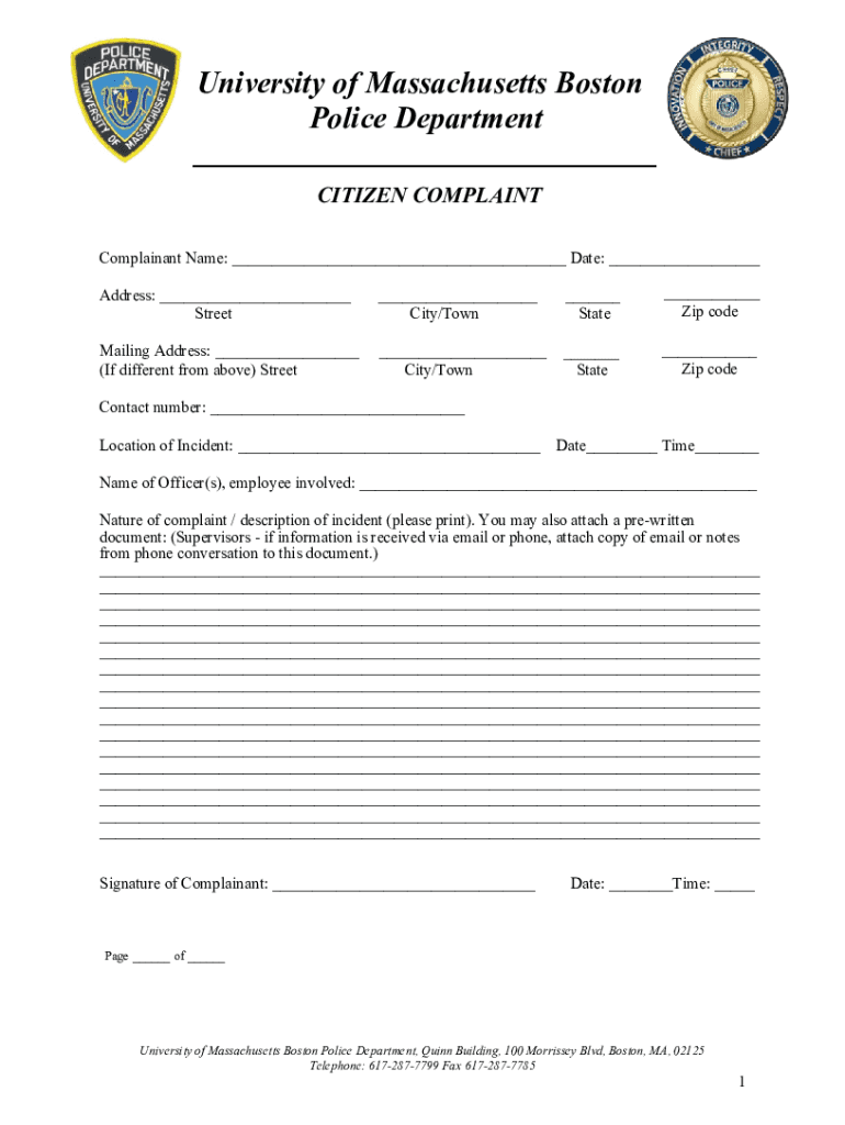 Fillable Online Citizen Complaint Form - UMass Police Department Fax ...